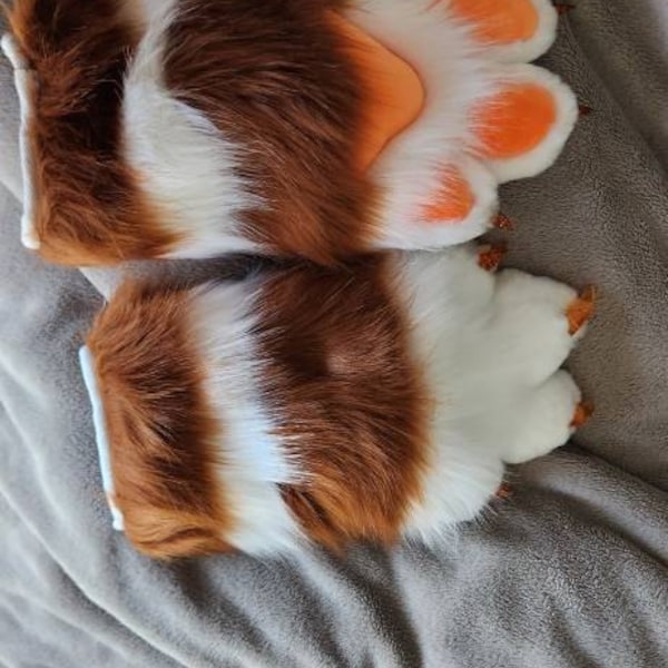 Handmade Cream-blue Cat Paw Cosplay Gloves Faux Fur Fluffy Kitten Puppy ...