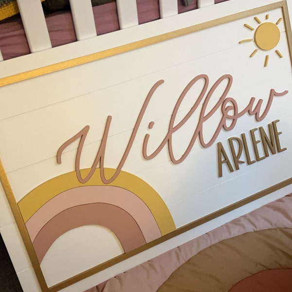 Rainbow and Sun Wood Name Sign | Rectangle Sign | Nursery | Rainbow ...