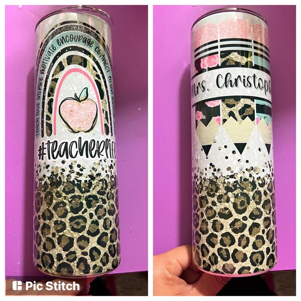 20 Oz Skinny Tumbler Rainbow Leopard Glitter Teacher Tumbler Pencil ...