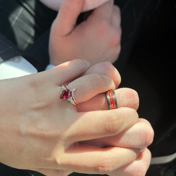 Skye Rose Gold Ruby Leaf Couples Ring Set- His and Hers Matching ...