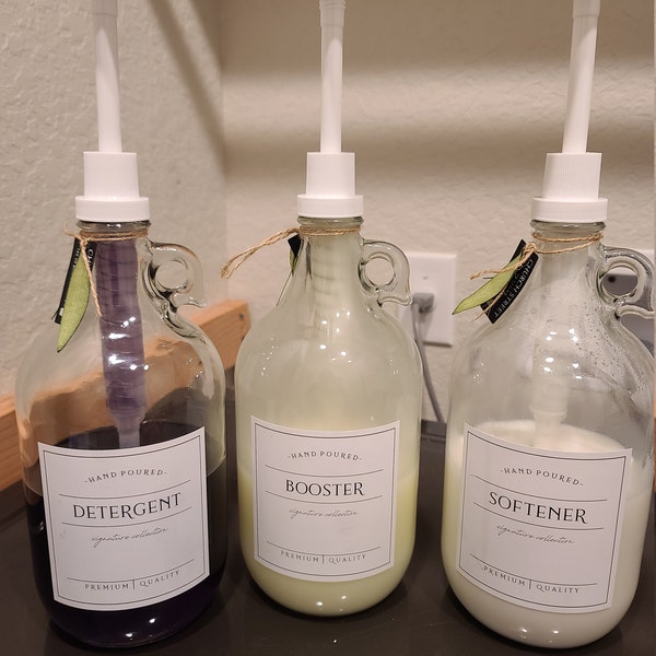 Set of 3, CLEAR 1/2 Gallon Laundry Jugs - Detergent, Softener + Bleach ...