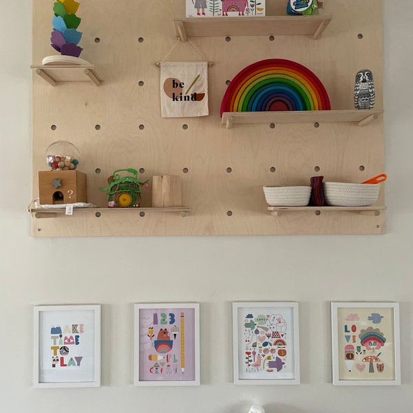 Modern Wooden Pegboard Wall: Modular Floating Shelves for Playroom, Gym ...