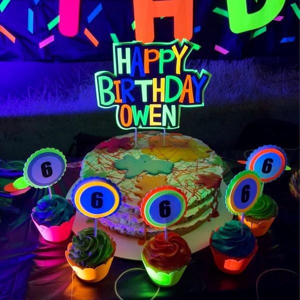 Glow Party Cake Topper, Colorful Neon Birthday Cake, Personalized ...