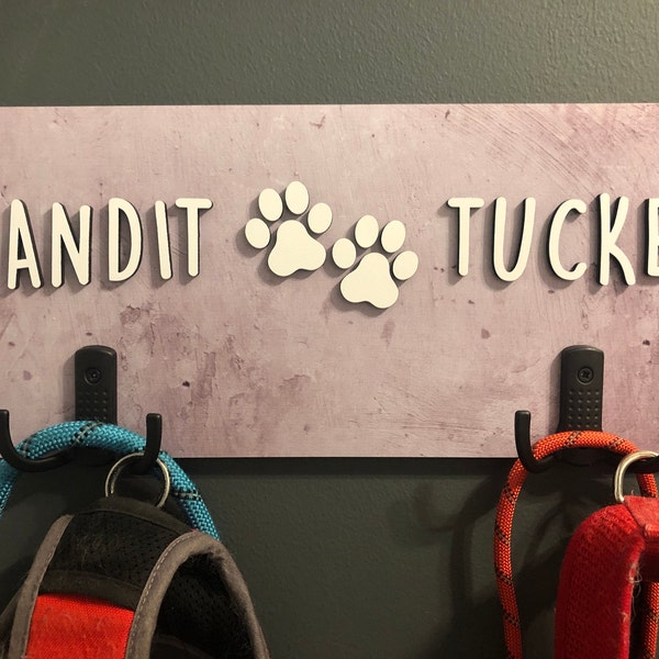 Personalized Dog Wood Leash Holder for 2/ 3 Dogs Raised Paw Name Sign ...