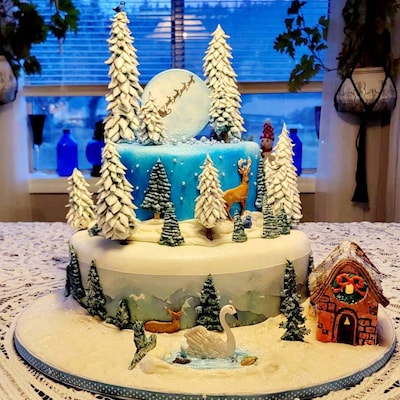 Snowy Mountain Landscape Edible Cake Wrap or Winter Cabin Cake Topper ...