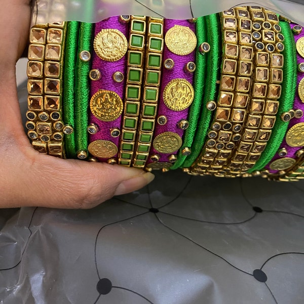 Gold and White Kundan Silk Thread Indian Banglesset of 12 for Women - Etsy