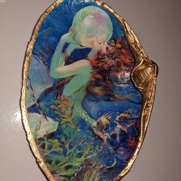 Decoupage Clam Shell Decor, Art Deco Mermaid, Blue and Green Vintage ...