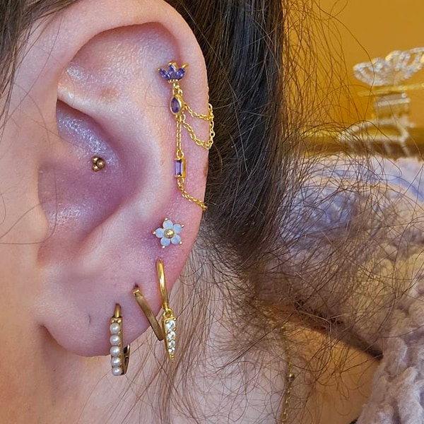 Dainty Triple Chain Amethyst CZ Helix Piercing, Cartilage Piercing 20g ...