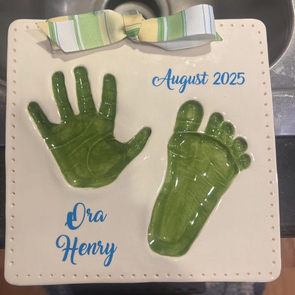 Baby's First Handprint & Footprint Ceramic Keepsake With Dot Border ...