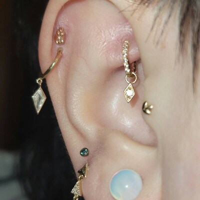 14K Solid Gold Dangle Charm Hoop Earring Dainty Drop Earring Dangle ...