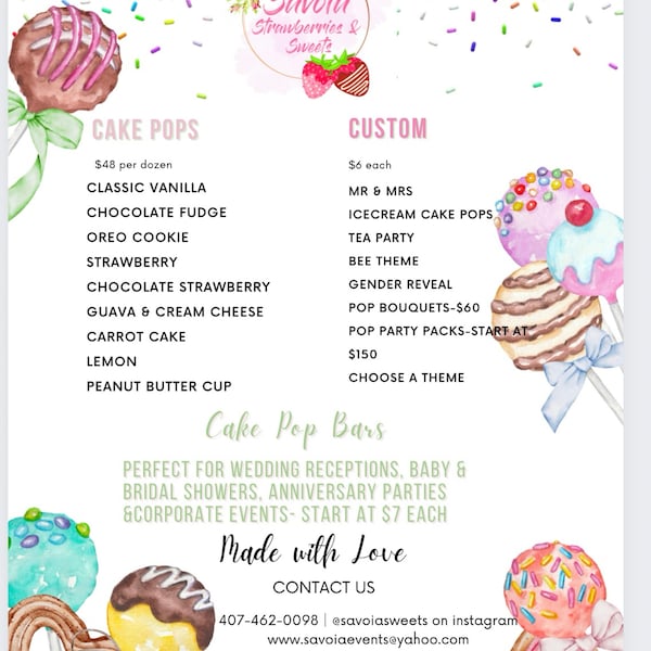 Cake Pop Price List Template, Editable Bakery Price List, Printable ...