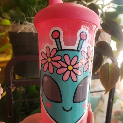 Green Groovy Alien With Flower Sticker Cup Cooler Laptop Car Vehicle ...