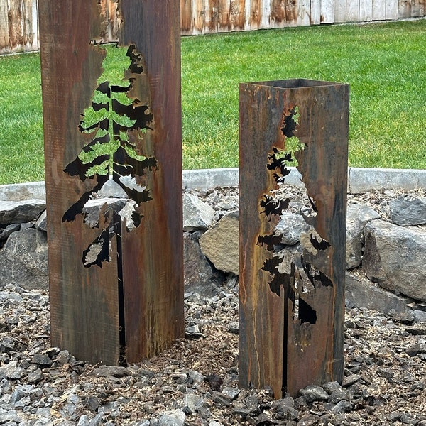 Pine Tree Garden Columns - Garden Decor - Metal Garden Sculpture - Well ...