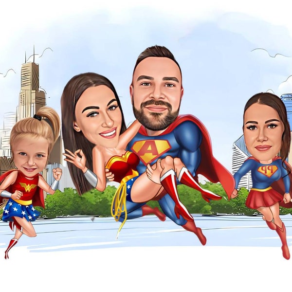 Custom Family Cartoon Portrait, Custom Family Portrait, Personalized ...