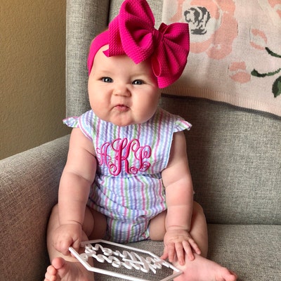 Monogrammed Baby Girl Rainbow Ruffle Bubble With Hot Pink Monogram, Seersucker Girls Bubble ...