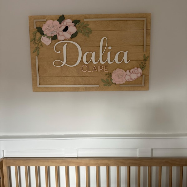 Custom Wood Baby Name Sign | Rectangle Sign | Floral | Shiplap | Peony ...