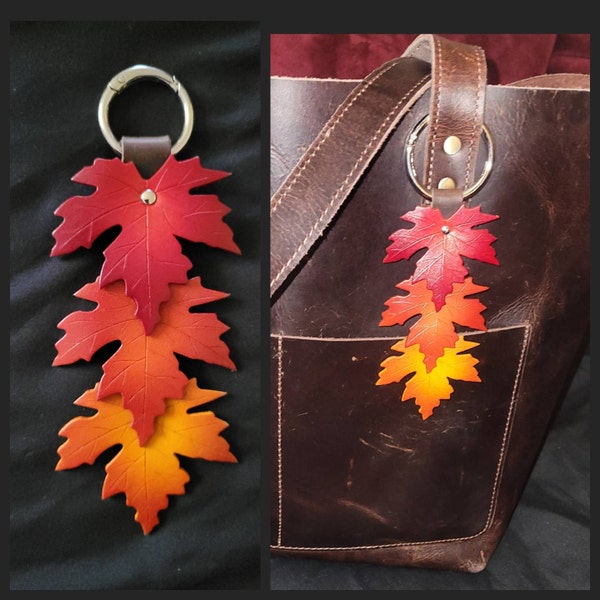 Sugar Maple Fall Leaf Leather Bag Charm | Handmade Autumn Leaf Keychain ...