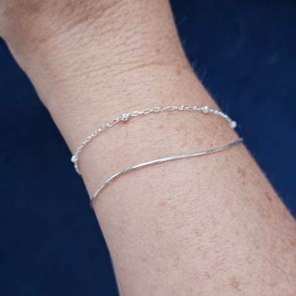 Double Layer Bracelet in Sterling Silver, Dainty Chain Satellite Chain Bracelet, Silver or Gold ...