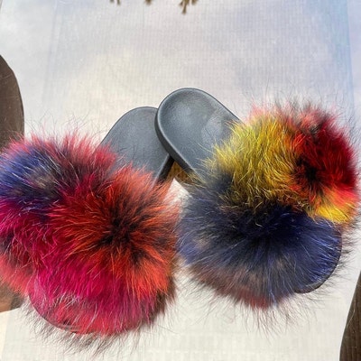 Fox Fur Slides Sandals Slippers Available in Many Colors - Etsy