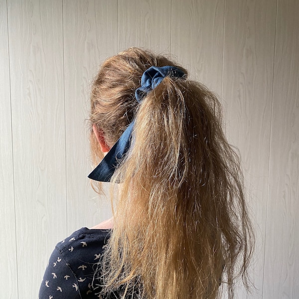 Navy Blue Bow Scrunchie Hair Wrap Linen Scrunchie With Bow Knot ...