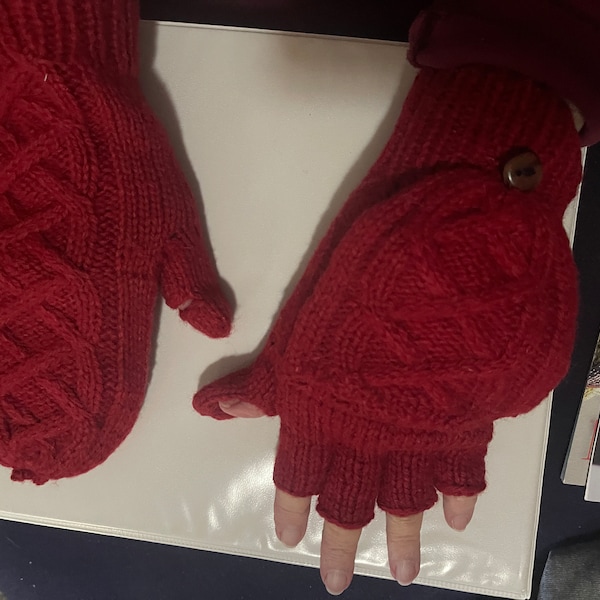 Hand Knit Gray Flower Fingerless Gloves Wool Texting Mittens Fleece ...