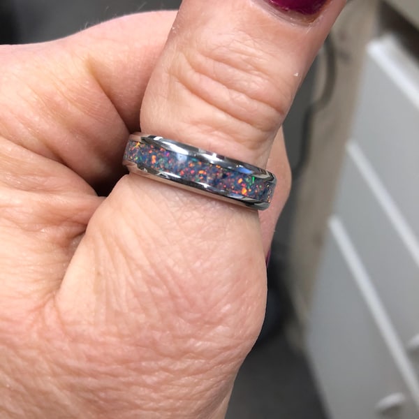 Handcrafted Blue Ice Opal Inlay Ring, Stainless Steel Band, Womens Ring ...