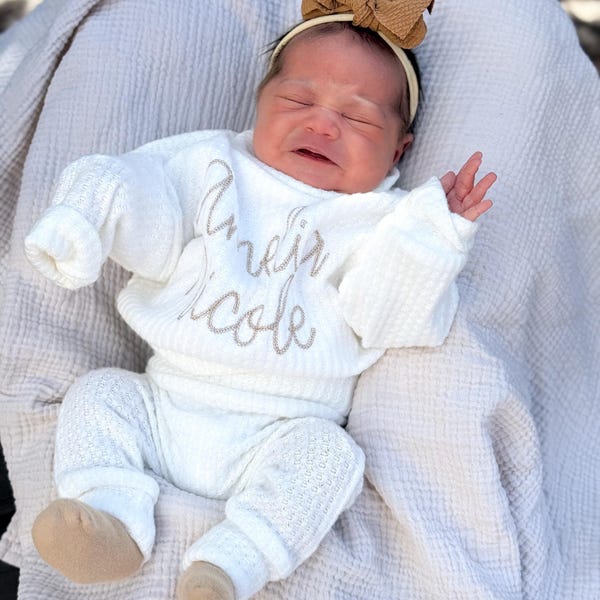 Handmade Embroidered Baby Boy Outfit: Ivory Waffle Knit Sweater - Etsy