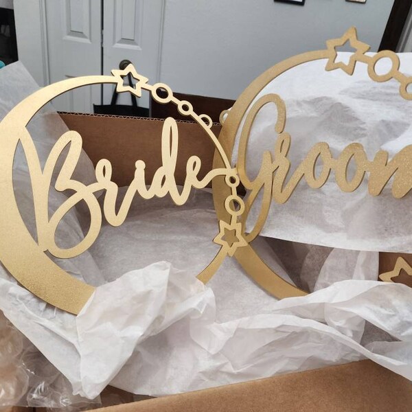 Celestial Bride and Groom Chair Sign, Wedding Chair Signs, Wood Sign ...