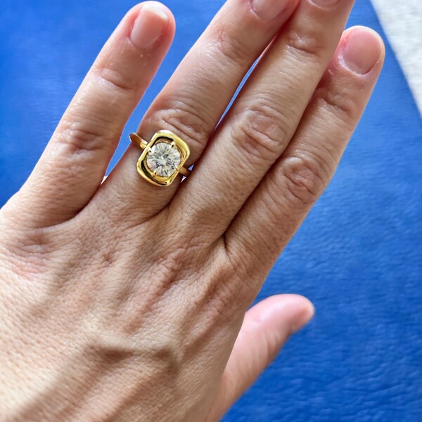 Bezel Set Moissanite Ring Three Stone Moissanite Engagement Ring 3.00 Ctw Cushion Moissanite ...