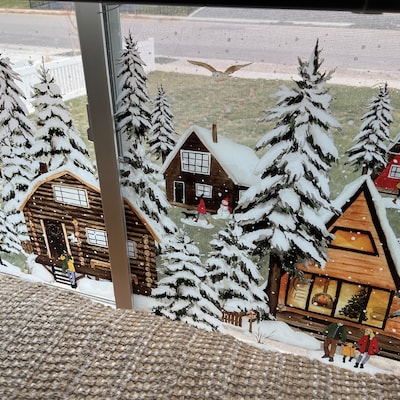 Winter Window Decal Cabins in Snowy Forest Village Scene Window ...