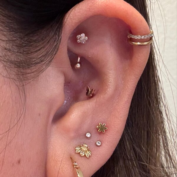 14k Solid Gold Flower Rook Earring Gold Rook Piercing Eyebrow Ring ...