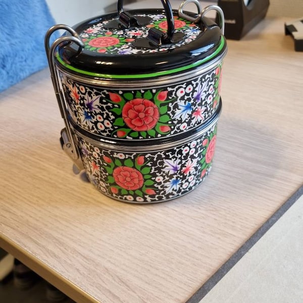Indian Tiffin Steel Lunchbox Hand Painted Two Compartments, Traditional ...