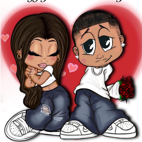 Y2k Custom Cartoon Chicano Couple Digital Art Portrait, Anniversary ...