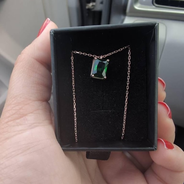 14k Solid Gold Rectangle Emerald Necklace, Minimalist Necklace, Emerald ...