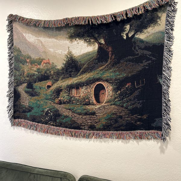 The Shire Hobbit House Landscape Oil Painting Woven Tapestry Throw ...