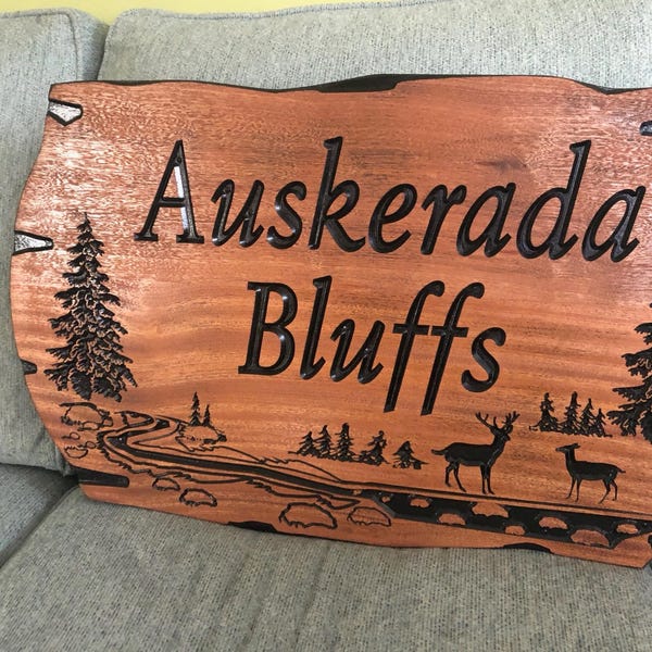 Outdoor Carved Sign, Custom Wooden Carved Cabin Sign, Pine Trees, Camp ...
