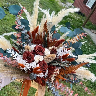 Rust, Greenery, Pheasant Feather Pampas Grass Bouquet/ Bride and ...