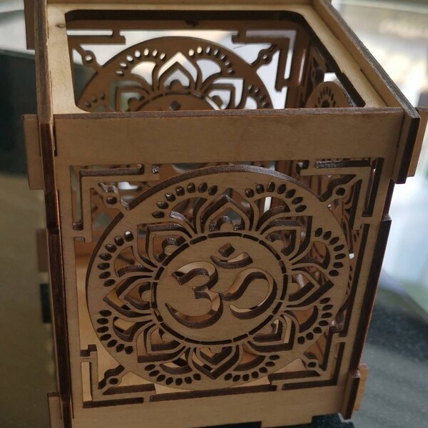 Tibetan Hindu Sri Yantra Wooden Tealight Shadow Lantern Candle Holder ...