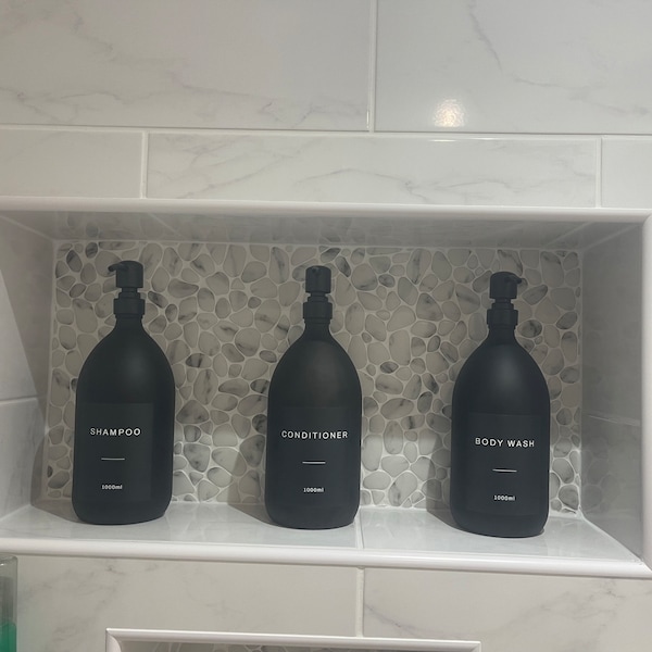 Set of 3 Body Wash Shampoo Conditioner Matte Black Glass Bottle ...