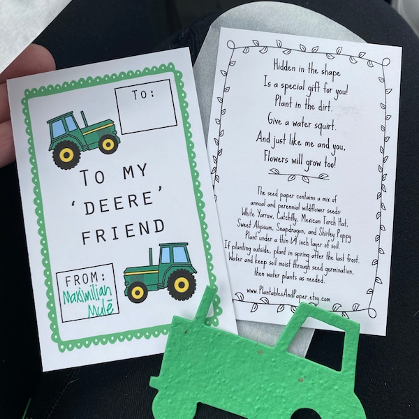 Tractor Valentines- SET OF 8 - Includes Color Printed Card, Seed Paper ...