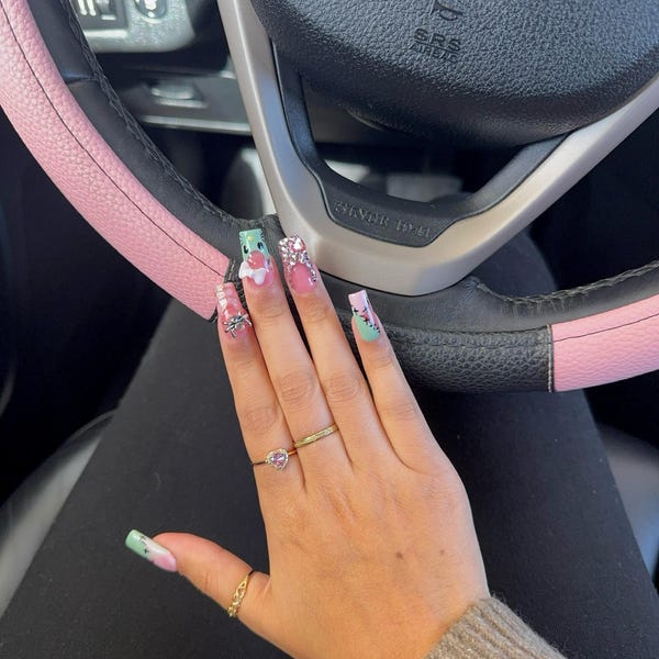 3D Flower With Seashell French Tip Long Almond Press on Nails, Unique ...