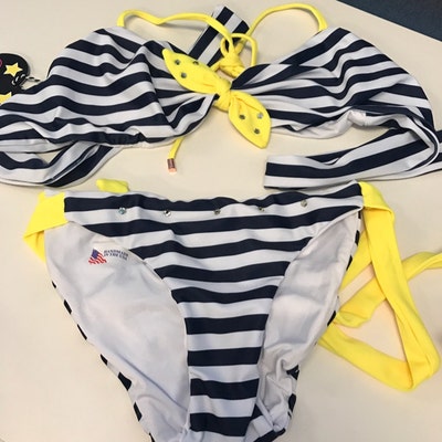 SWIMSUIT Navy Stripe Yellow Bandeau Sailor Swarovski Bikini Cynababy - Etsy