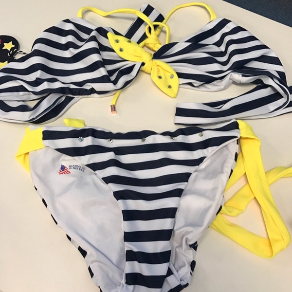 SWIMSUIT - Navy Stripe Yellow Bandeau Sailor Swarovski Bikini- Cynababy ...