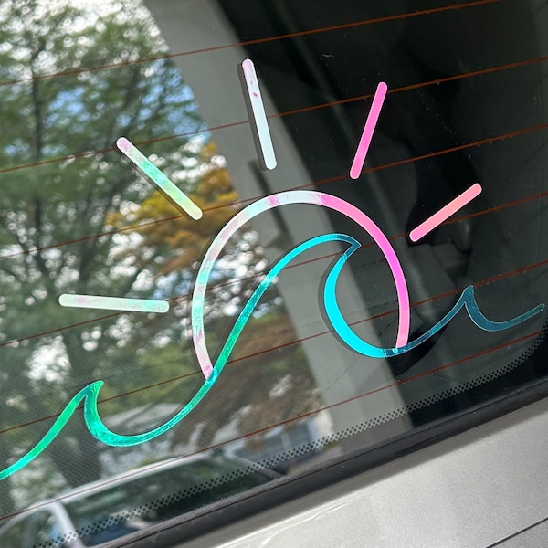 Ocean Wave and Sun Decal, Holographic Sunset Beach Decal, Beach Car ...