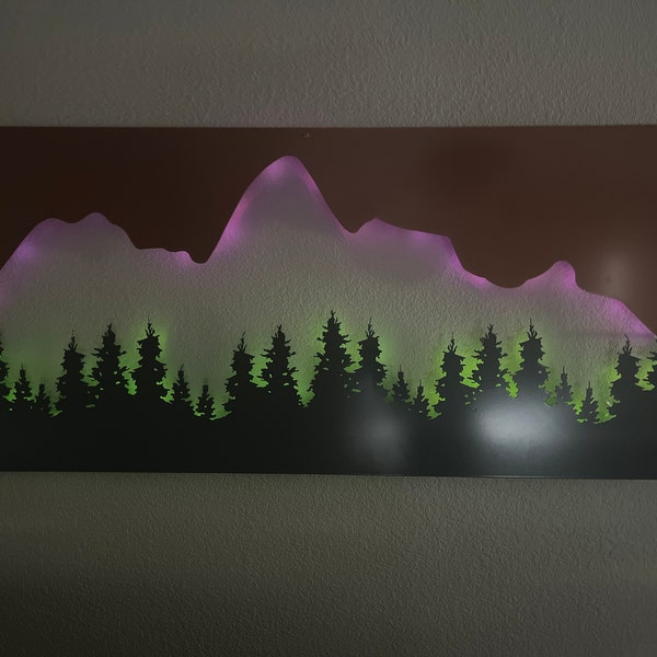 LED Mountain Metal Wall Art / Neon Mountain and Tress Metal Art / Light ...