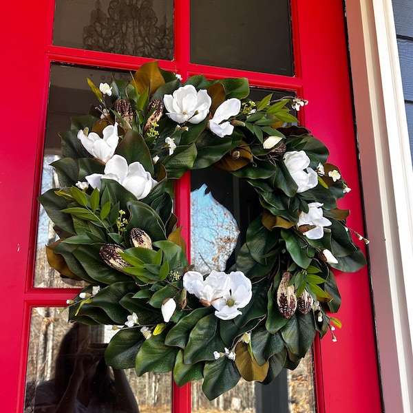 Magnolia Wreath for Front Door With Realistic White Magnolia Blooms ...