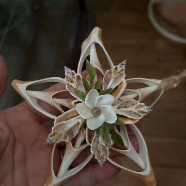 Coastal Seashell White Star Snowflake Ornament With White Flower - Etsy