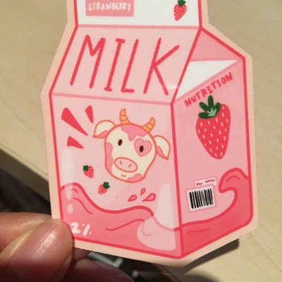 Strawberry Milk Cow Sticker, Pink Milk Carton Sticker, Yogurt Drink ...