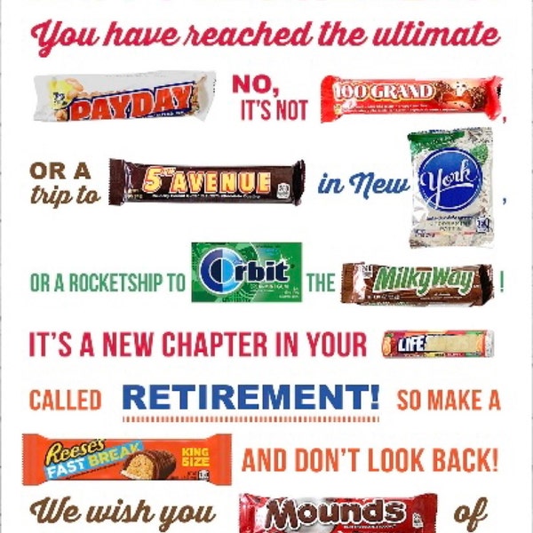 PRINTABLE Retirement Candy Bar Poster PRINTABLE Candy Gram Sign Gift or ...