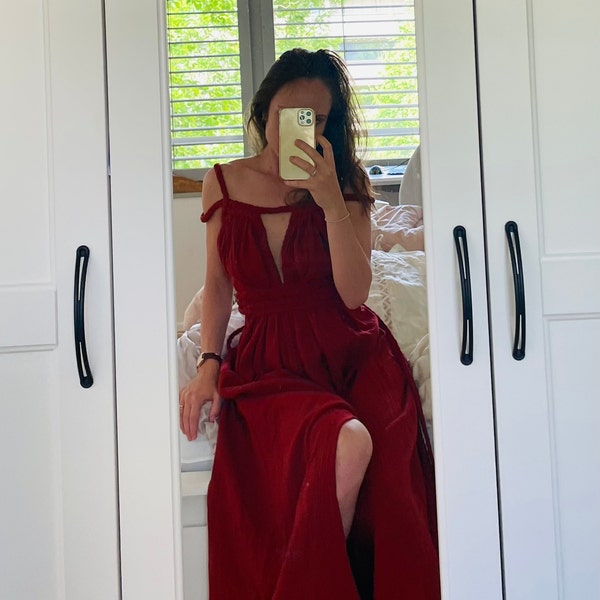 Red Greek Goddess Dress • Boho Bridesmaid Dress • Belted Grecian Dress ...